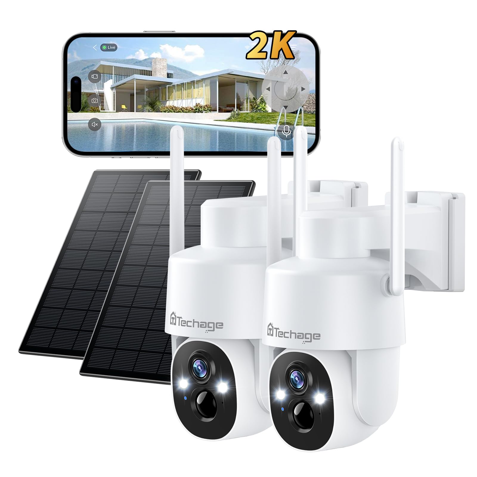 Techage Solar Security Camera Wireless Outdoor, 2K WiFi Cameras for Home Security, 360° PTZ Surveillance Camera with PIR, Color Night Vision, 2-Way Talk, IP66 Waterproof, SD/Cloud, Work with Alexa