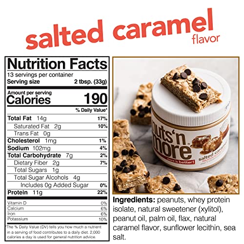 Nuts ‘N More Salted Caramel Peanut Spread, All Natural Snack, Low Carb, Low Sugar, Gluten Free, Non-GMO, High Protein Flavored Nut Butter (15 oz Jar)