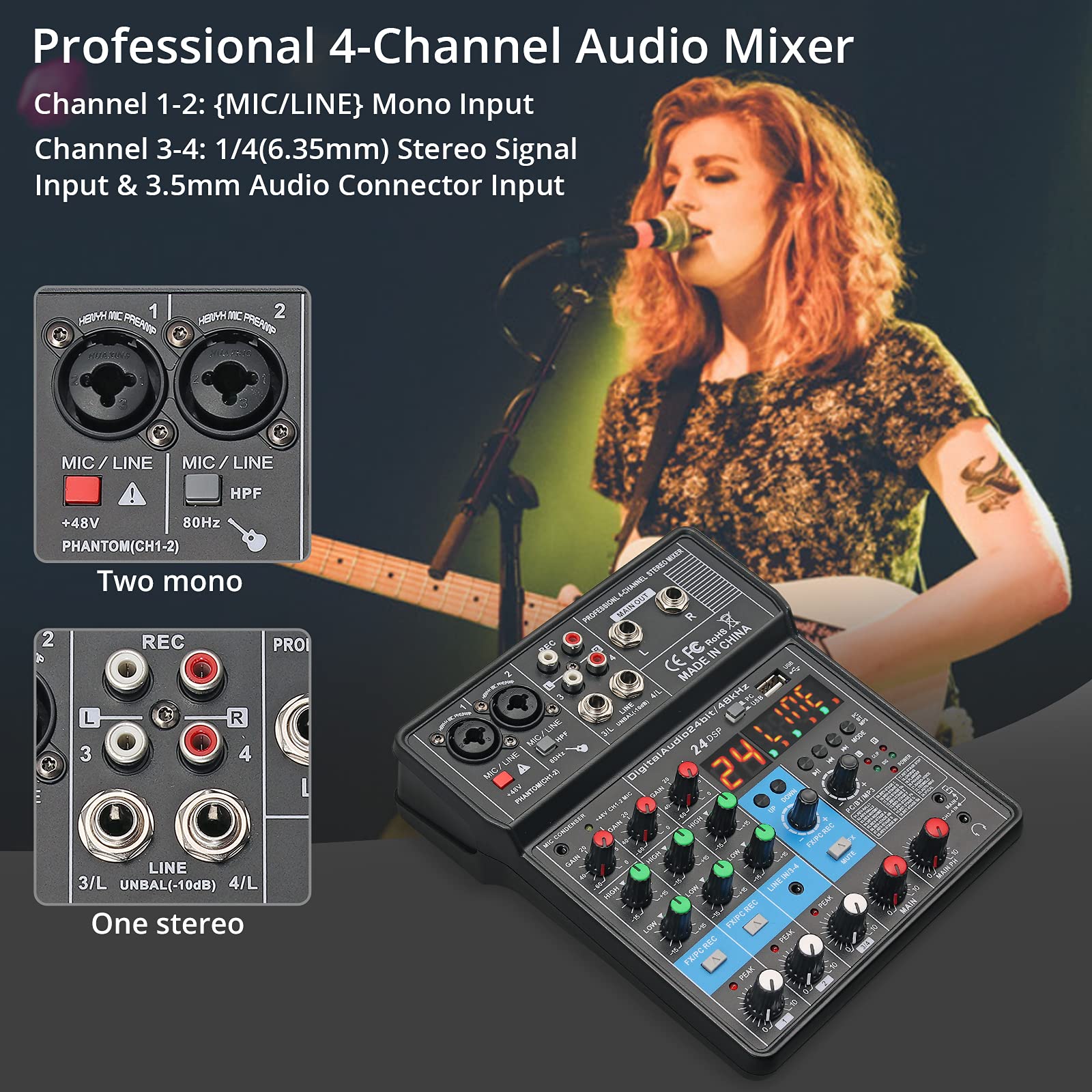 PROZOR Professional Audio mixer,4-Channel Audio Mixersound board Console with 24 DSP USB Bluetooth MP3 Computer Input 48V Phantom Power for PC Recording Webcast Party Singing