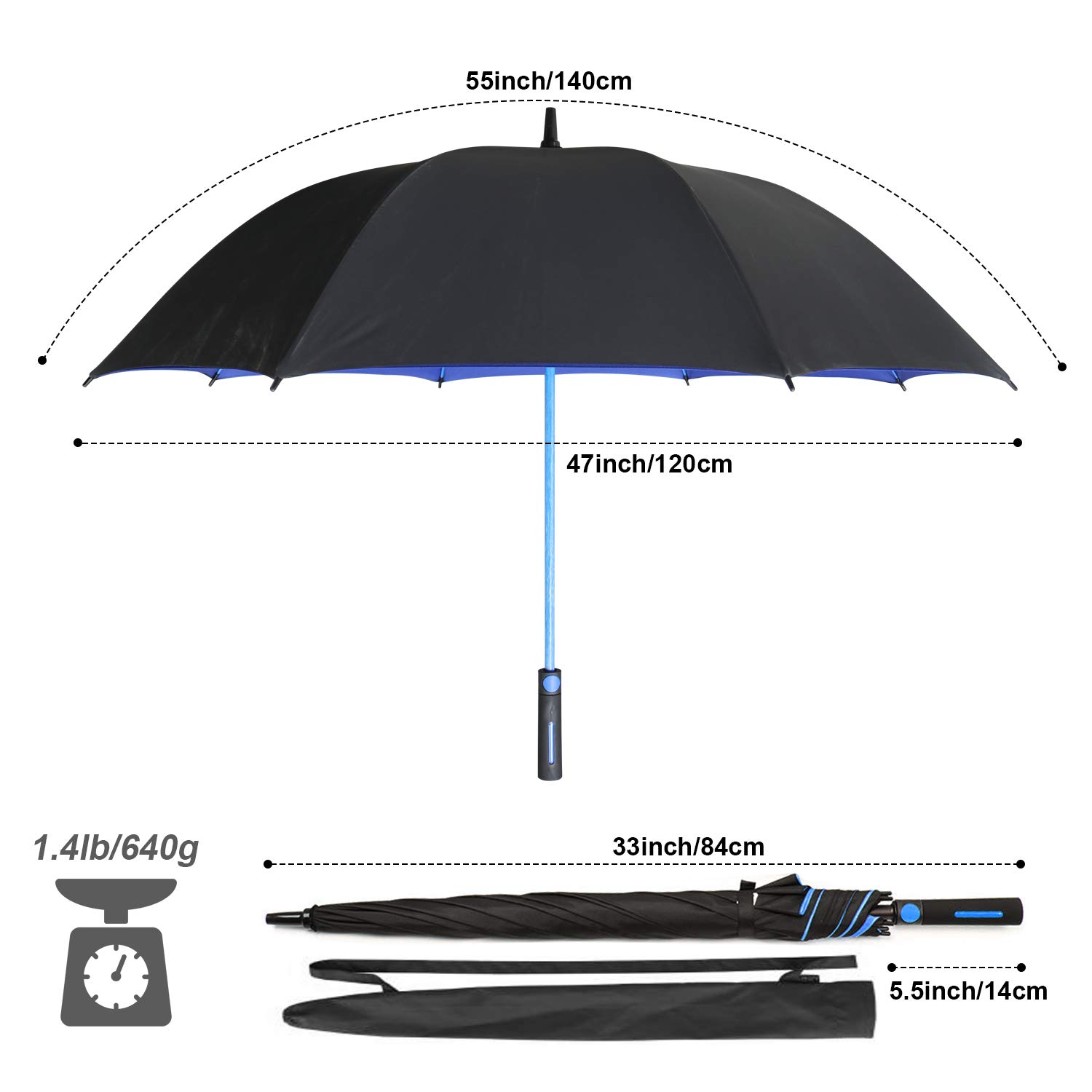Leanking Golf Umbrella 55 Inch Automatic Open Extra Large Oversize UV Protection Double Canopy Vented Sun Rain Windproof Waterproof Stick Umbrellas for Women Men Family (Black Blue)