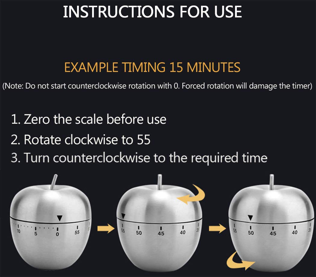 Ranvi Kitchen Timer, Apple-Shaped Stainless Steel Mechanical Rotating Timer, 60 Minutes Cooking
