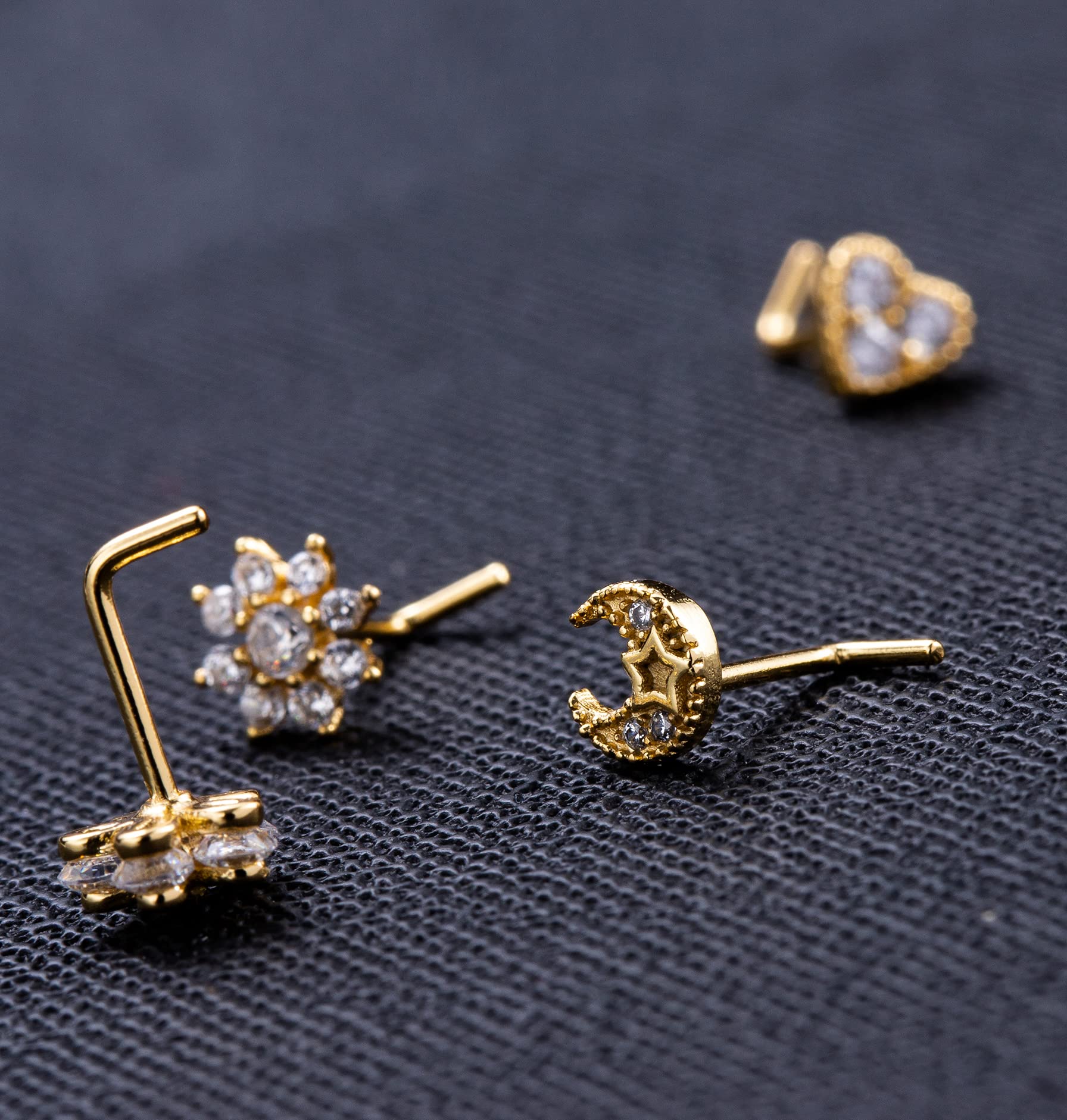 Masedy 9Pcs 20G Stainless Steel Nose Rings L Shaped Nose Studs Flower Screw Nose Rings for Women Men Nose Piercing Set LG