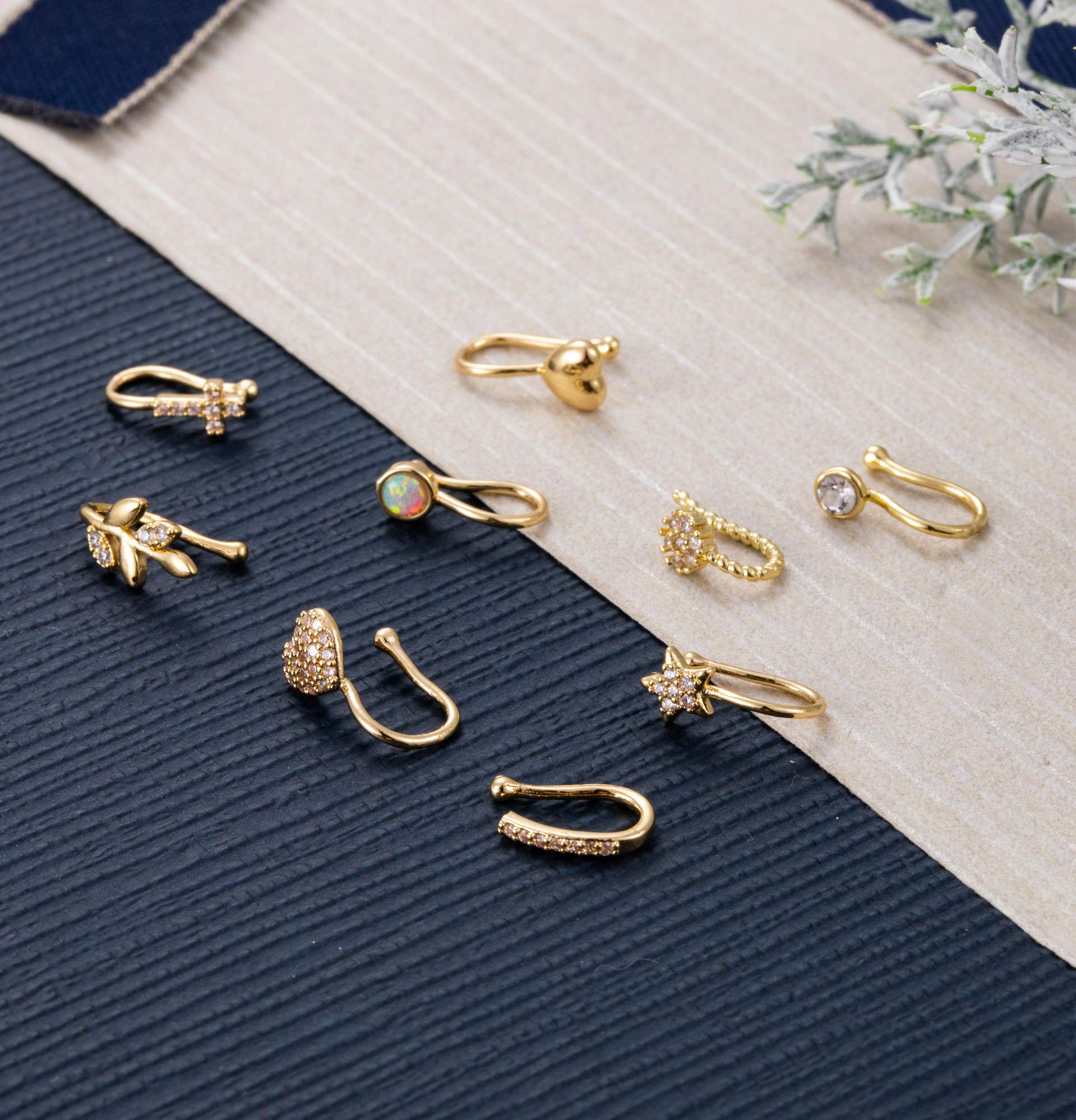Masedy 9Pcs Fake Nose Rings Hoop Clip On Faux Setump Cartilage Tragus Ring Non Piercing Jewelry G