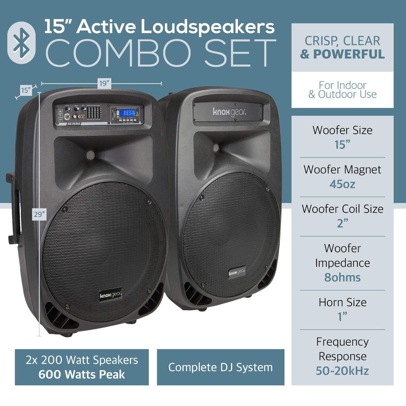 Knox Dual 15" Speakers, 600 Watt - 8 Piece Portable PA System - Microphone, Tripods, Remote Control - Bluetooth, USB, SD Card, RCA and 1/4" Inputs - Colorful LED Lights