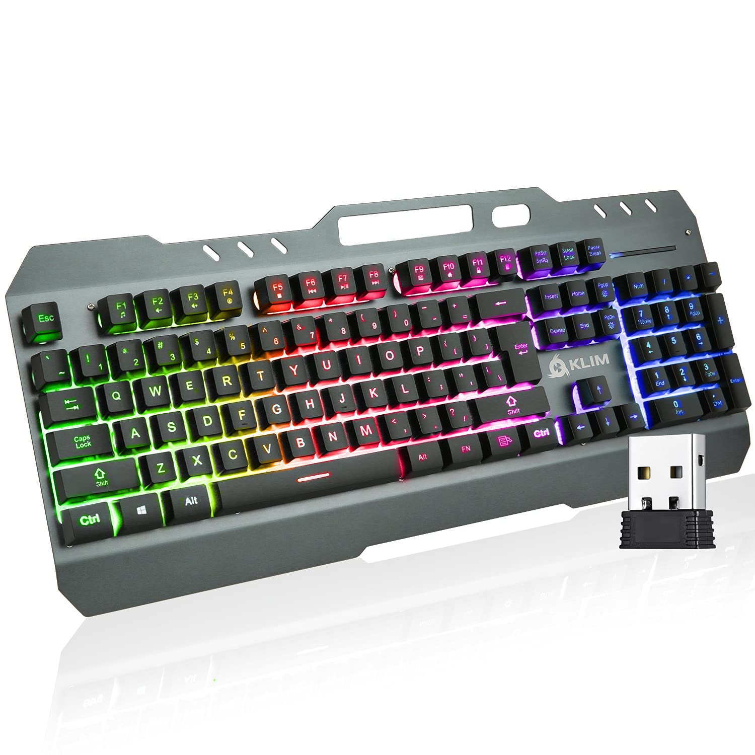 KLIM Lightning Wireless Keyboard US New 2024 + Metal Frame and Durable Keys + Mechanical Feel Keyboard for PC PS4 PS5 + 5-Year Warranty + Wireless Gaming Keyboard with Bright Rainbow Backlighting