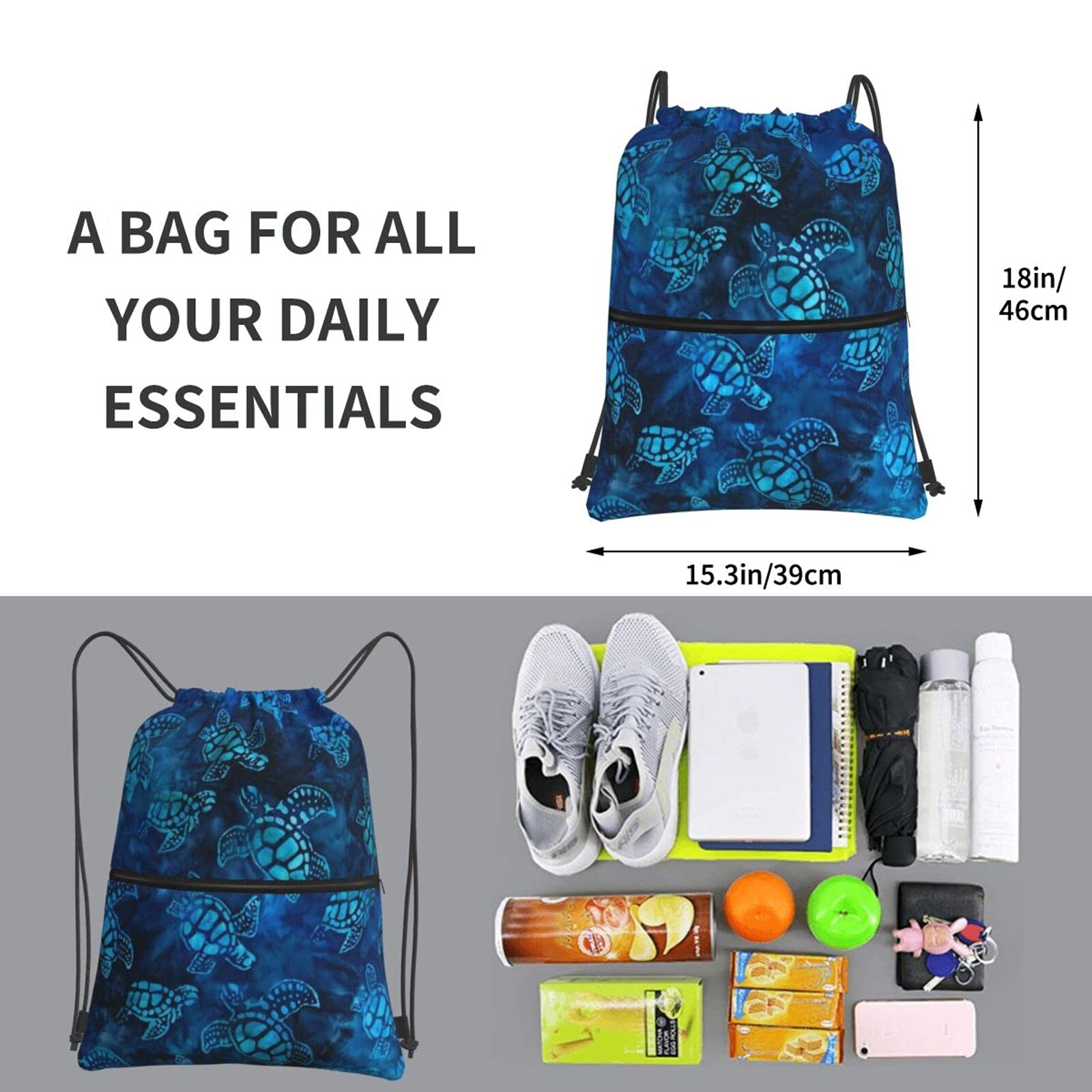 OVPSZFYO Cute Blue Sea Turtle Waterproof Drawstring Backpack Bag Gym for Women Men with Zipper Pocket Light Draw Sports String Back Beach Travel Cinch Sack One Size