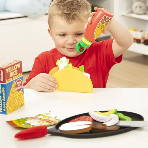 Melissa & Doug Fill & Fold Taco & Tortilla Set, 43 Pieces – Sliceable Wooden Mexican Play Food, Skillet, and More - FSC Certified