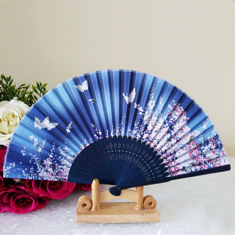 Pattern Folding Dance Wedding Party Lace Silk Folding Hand Held Flower Fan Fan Clip on Battery Operated (`-B, One Size)