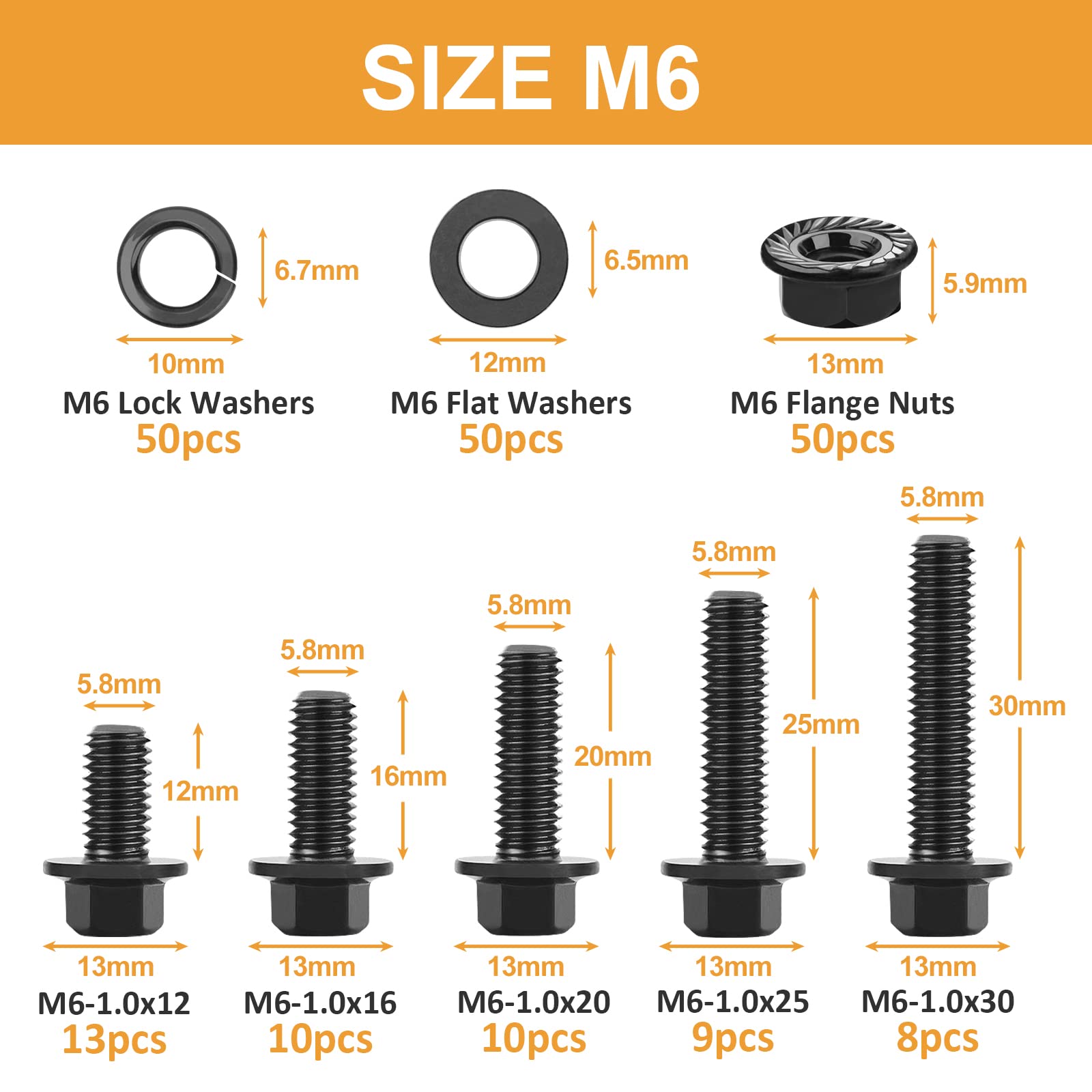 VIGRUE 252Pcs Flange Hex Head Bolts Nuts Washers Kit(12mm to 30mm) Class 10.9 Alloy Steel Black Zinc Plated M6-1.0 M8-1.25 Metric Flange Bolt Assortment Full Coarse Thread