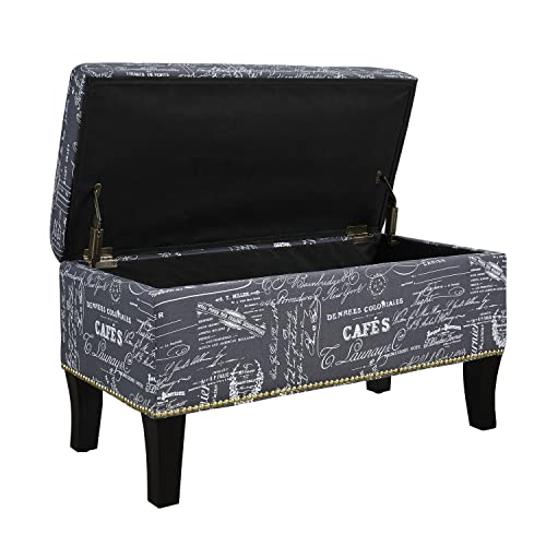 Linon Stephanie Script Linen Ottoman, 32"W x 16"D x 18"H, Gray/Black