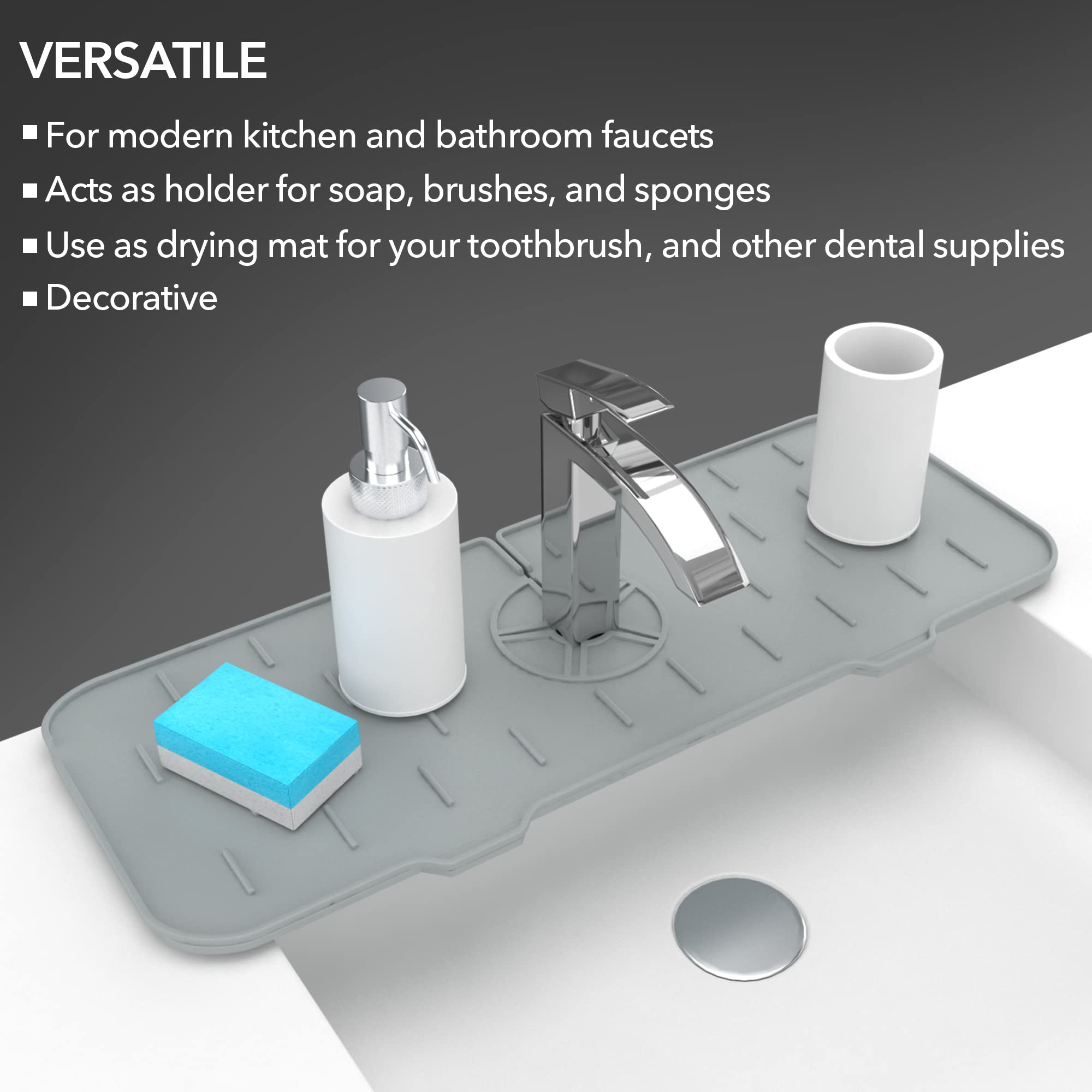 Silicone Faucet Mat- Kitchen & Bathroom Accessories, Kitchen & Bathroom Must haves, faucet drip catcher, Kitchen and bathroom Gadgets, Sink protector for sink, Foldable Silicone Splash Guard (Gray)