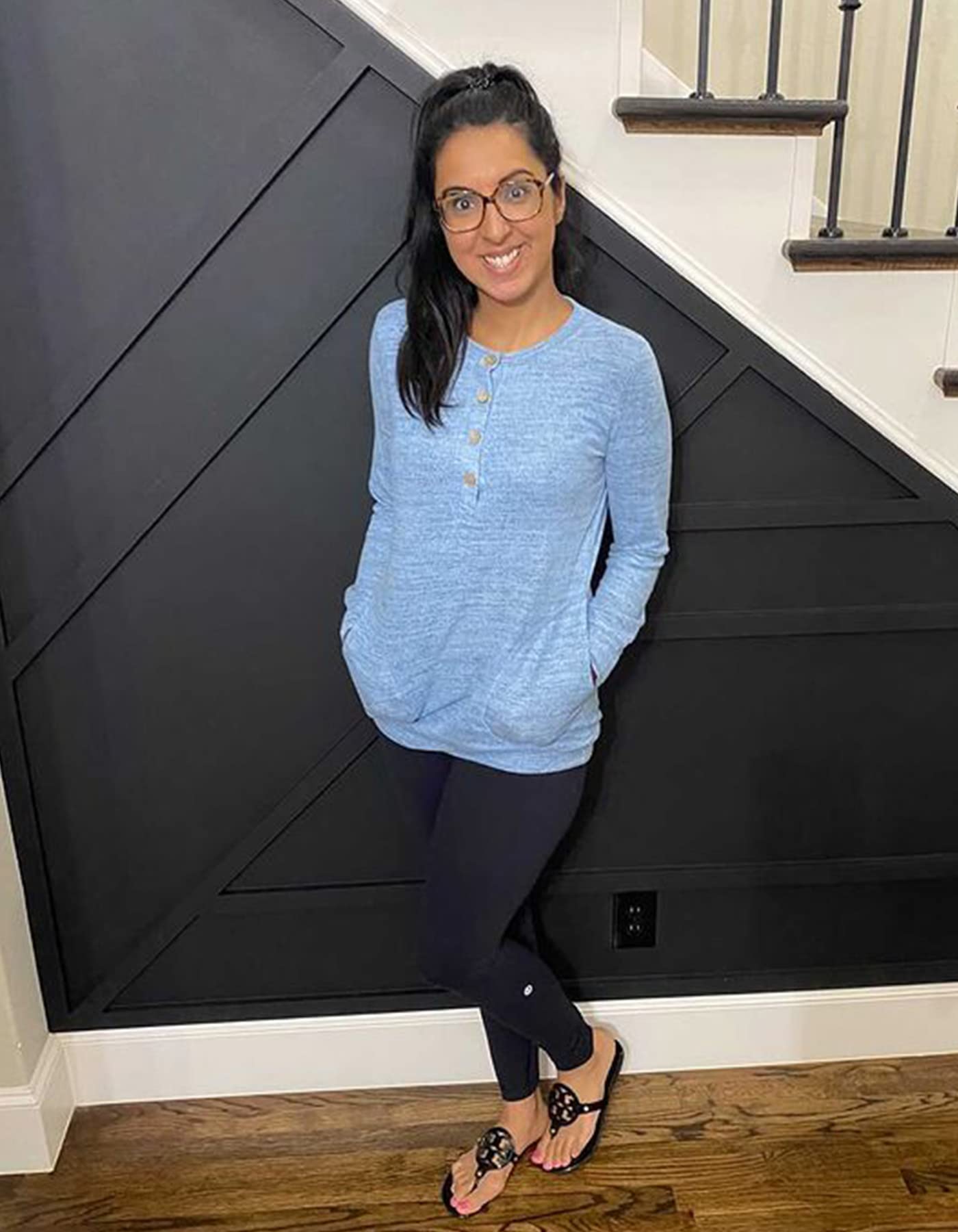 NIASHOT Womens Sweatshirt Long Sleeve Deep Pockets Fall Cozy Tunic Tops Blue XL