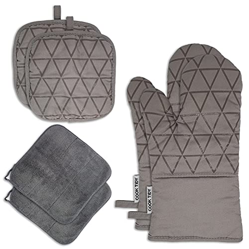 Oven Mitts & Pot Holders Sets - Kitchen Gloves & Towel Gift Box Set Gray 6Pcs by COOK TIDY - 13” Xtra Large Thick Washable - Professional & Heavy Duty - Protective Long Cuff for Cooking, Baking, BBQ