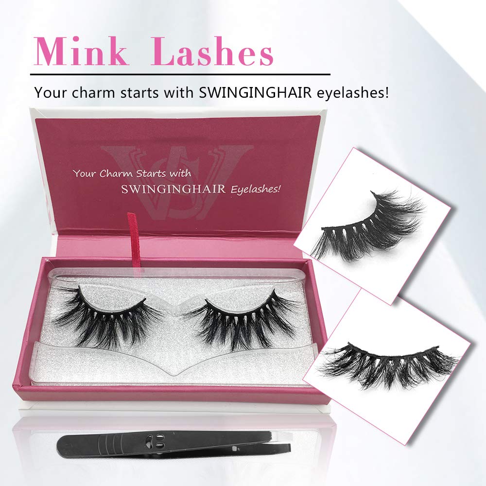 Mink Lashes, SWINGINGHAIR False Eyelashes 18mm Mink Eyelashes Siberian Natural Daily Type 3D Mink Lashes Full Strips Hand Made Fake Eyelashes Fluffy Real Eyelashes 1 Pair