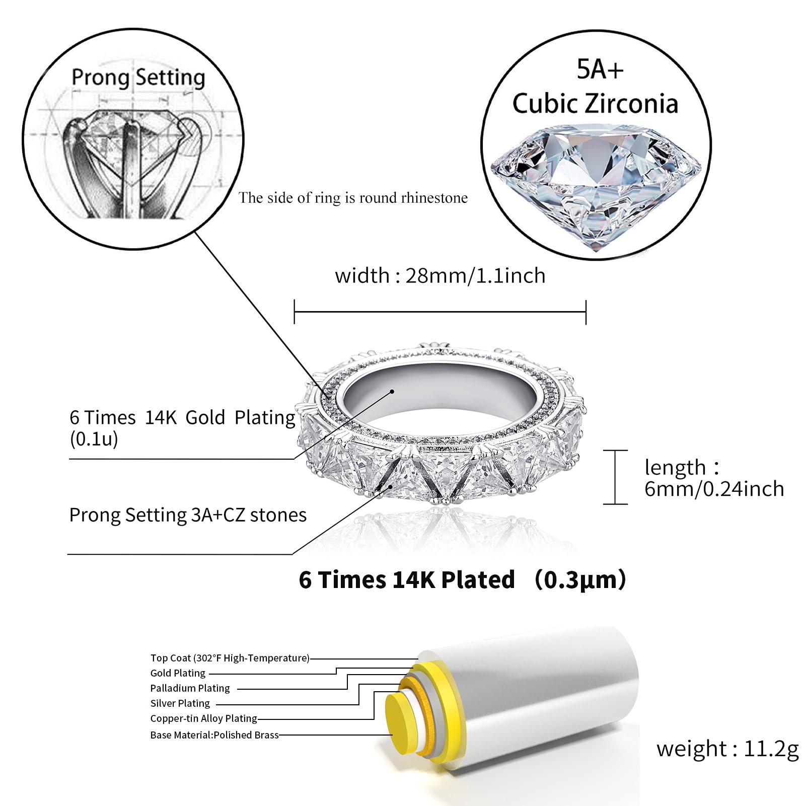 OYOGAA 14K Gold Plated Ring 5A+ Iced out Lab Simulated Diamond Band Triangular Zircon Ring for Men. (11, Gold)