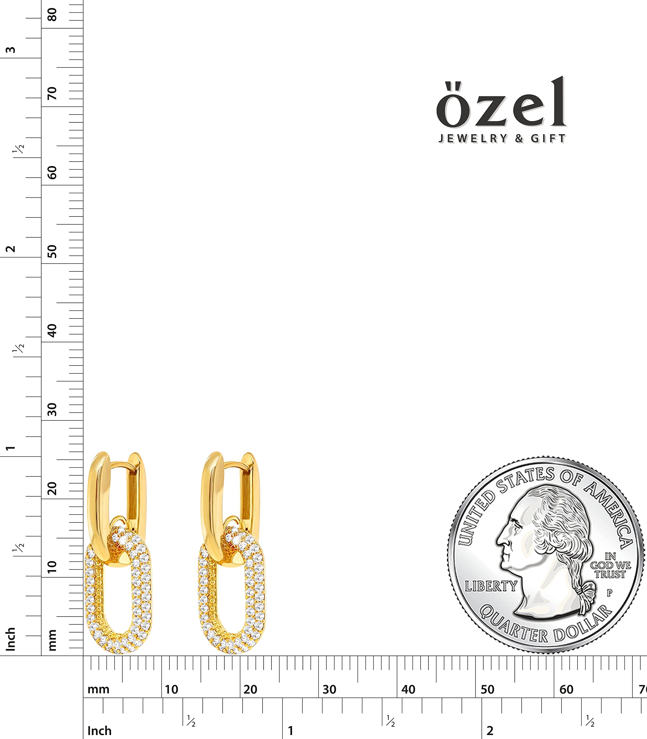 OZEL – CZ Chain Link Dangle Earrings for Women with Cubic Zirconia Stones – 14k Yellow Gold or White Gold Plated Square Oval Round U Shape (G3C0807-1)