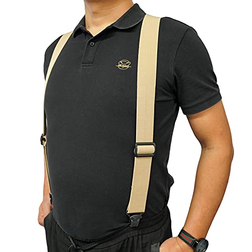 Melo Tough Y back suspenders airport friendly Suspenders,NO buzz with Plastic Clip 1.5 inch fully elastic braces (KHAKI)