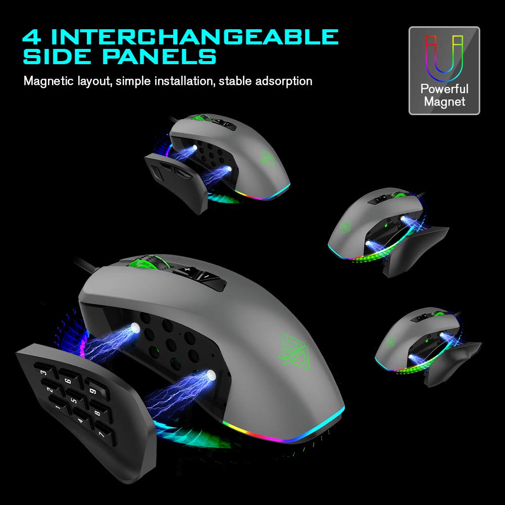 NACODEX GTI Modular Gaming Mouse Wired, Adjustable DPI RGB Backlit, MMO Gaming Mice with 14 Programmable Buttons, Palm/ Claw Grip Ergonomic for PC Gamer (Gray)