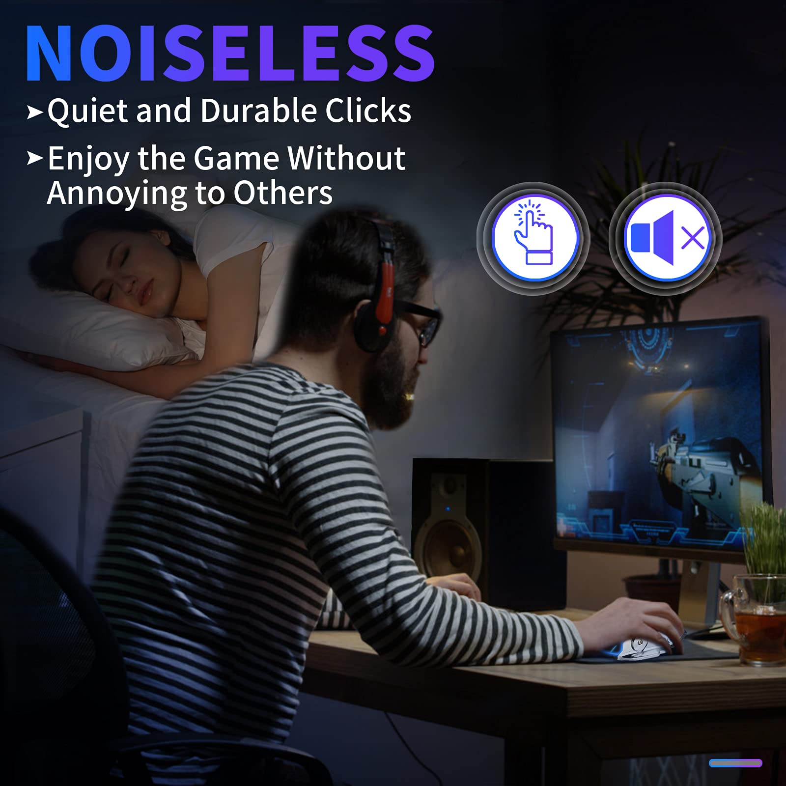 PDTXCLS Silent Click Wired Gaming Mouse, RGB Backlight and 4 Adjustable DPI Up to 3200, 7 Buttons, Ergonomic USB Computer Mouse with High Precision Sensor for Windows PC & Laptop Gamers
