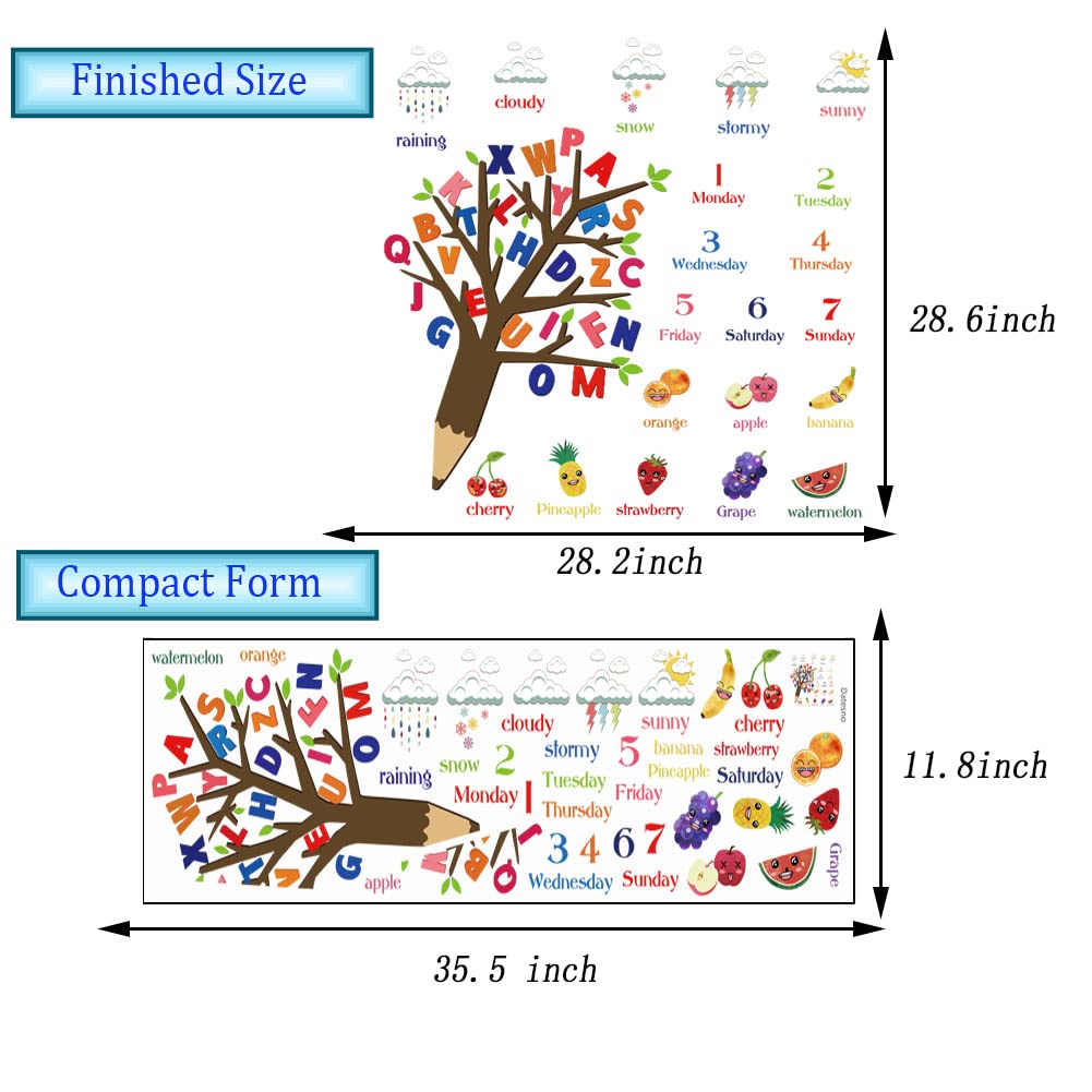 Tree Alphabet Number Color Weather Learning Educational Wall Decals ABC Kids Wall Sticker Peel and Stick Removable Wall Stickers Educational Classroom Stickers for Kids Boy Girl Classroom Playroom