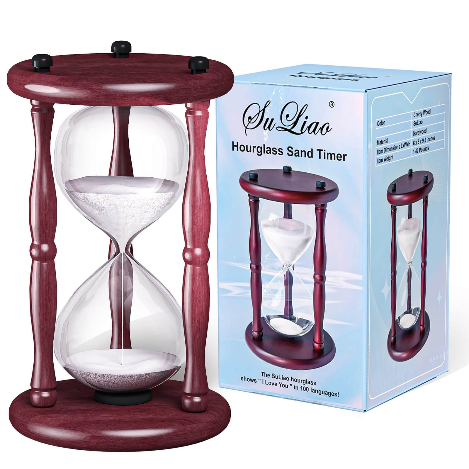SuLiao Hourglass Sand Timer 60 Minutes: Large 10 Inch Wooden Sand Clock,Reloj De Arena para Decoracion, Vintage Sand Watch 60 Min Decorative, 1 Hour Glass Sandglass for Home Office Desk Decor, White