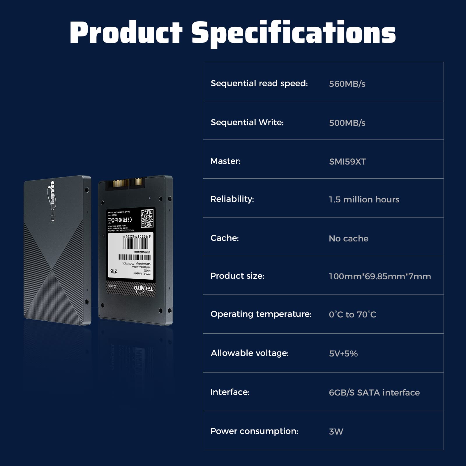 TECMIYO 2TB SATA SSD Internal Solid State Drive- 6 Gb/s, 2.5 inch /7mm (0.28") 3D V-NAND R/W up to 560/500 MB/s