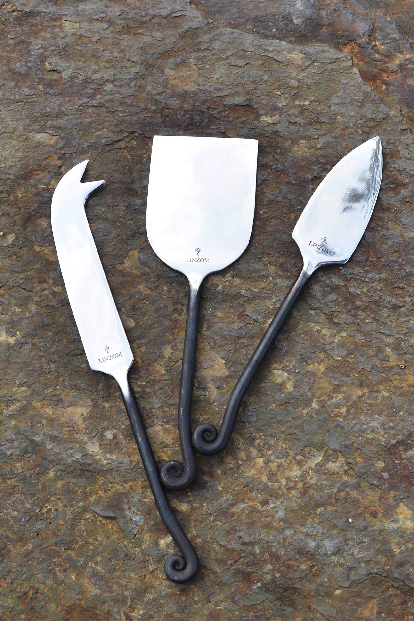 LINZOM Cheese Knife Set, 18/10 Stainless Steel, Hand Forged, Rustic Black, Curled Edge, Set of 3