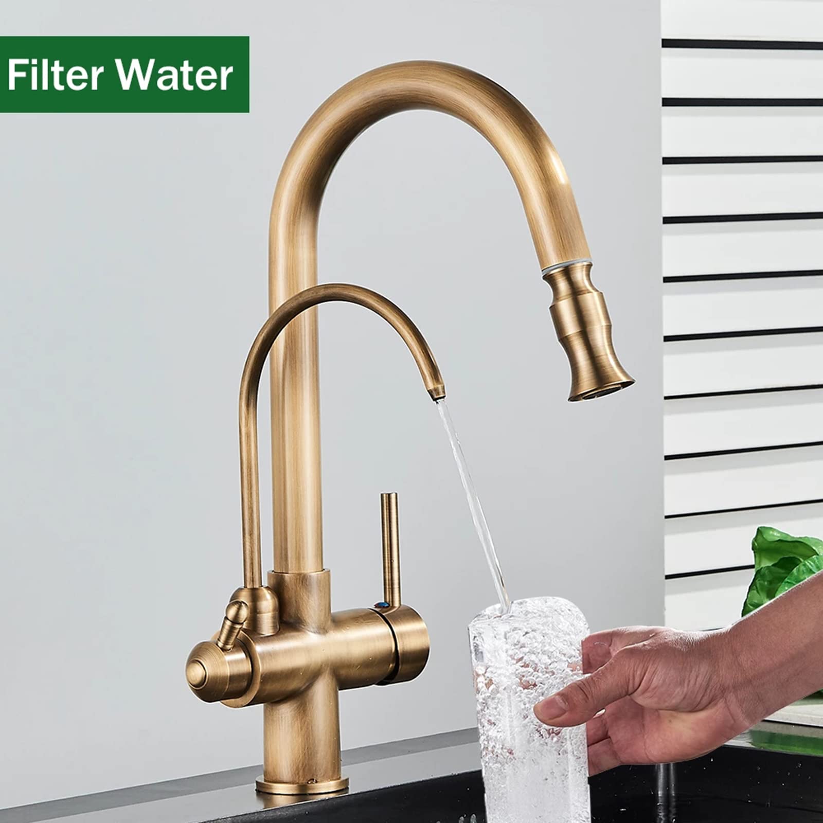 WTEZRSRGG Pull Out Kitchen Faucet with Drinking Water Filter Faucet 2 in 1 Antique Brass Kitchen Sink Faucet 360° Swivel Cold and Hot Water Kitchen Mixer Tap with 2 Handles