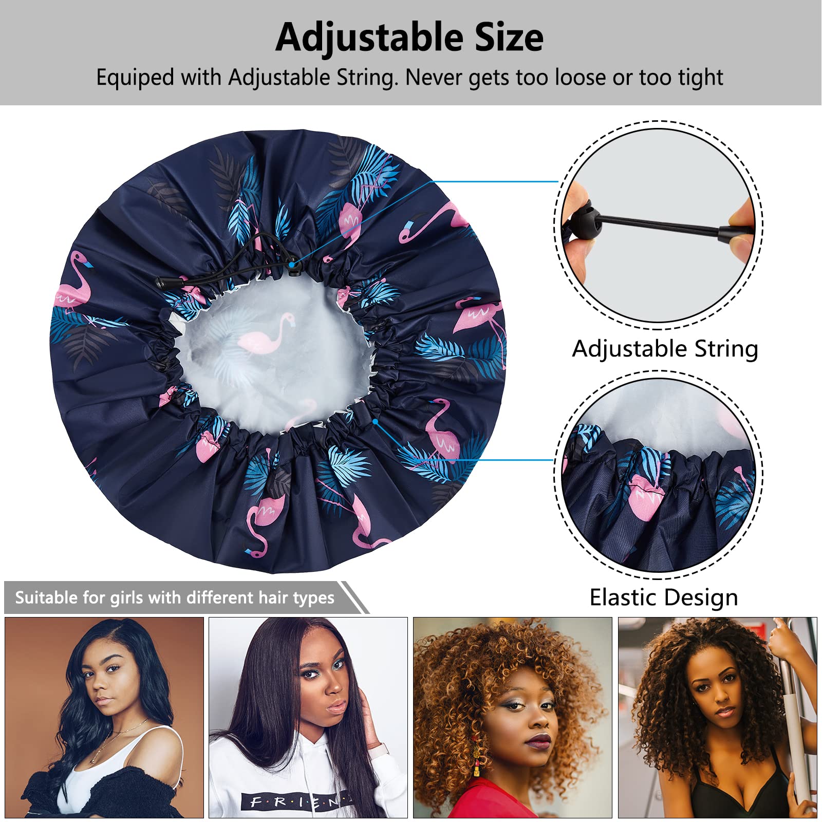 TRENDYSUPPLY Shower Cap, Large Adjustable & Reusable, Double-Layer for Dreadlocks, Waterproof Bath Cap for Women, Girls, Braids, SPA, Long Hair(flamingo)