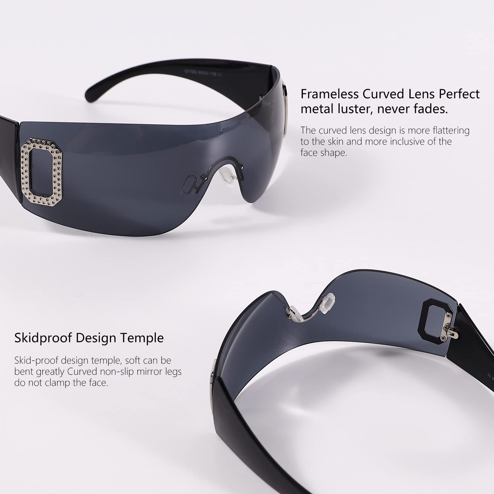 SENMARIES Wrap Around Y2K Sunglasses for Women Shield Jeweled Sun Glasses Retro Frameless Eyewear