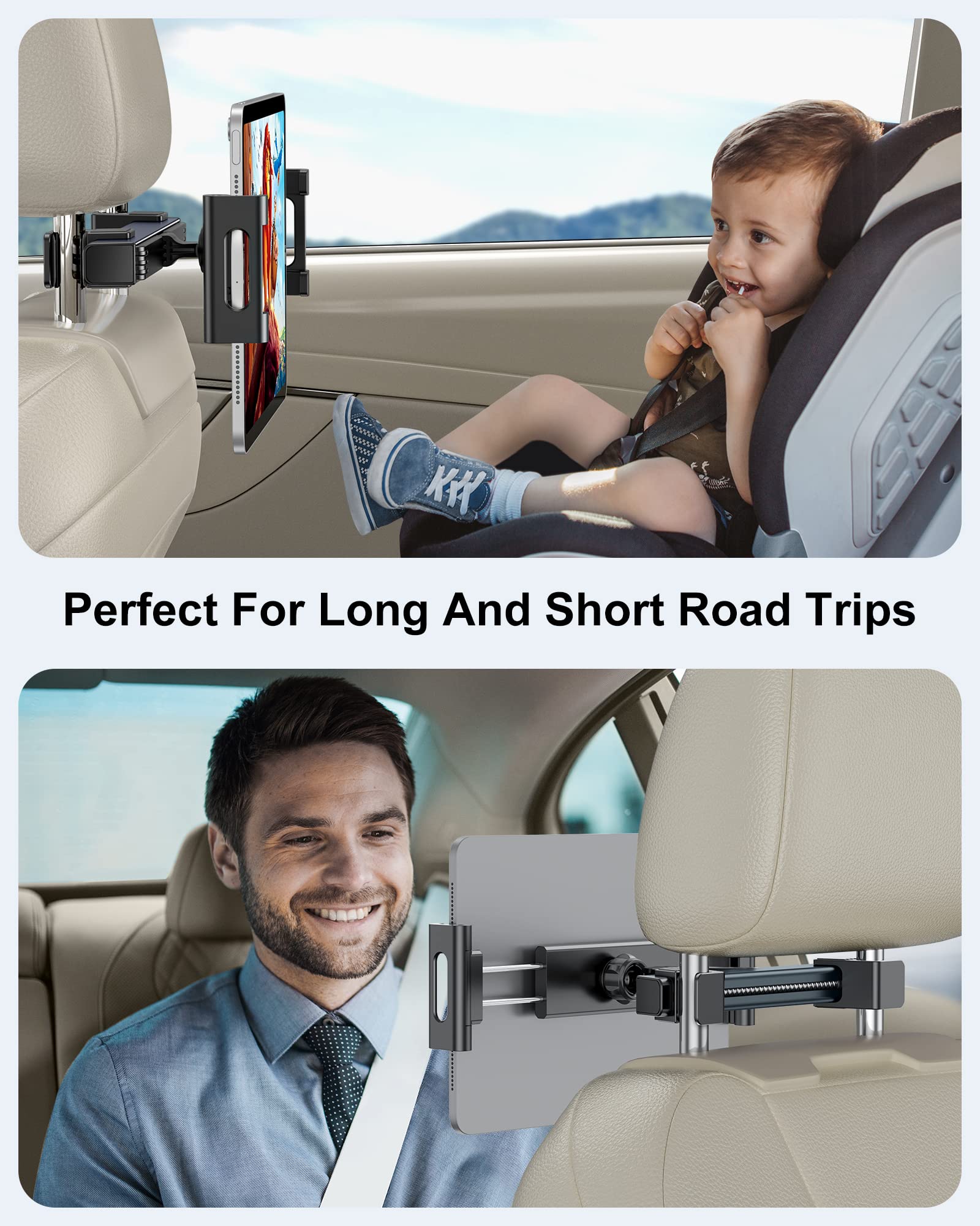 TECURS Car Tablet Headrest Holder - Car Back Seat Headrest Tablet Mount Stand for Kids, Road Trip Essentials, Compatible with iPad Pro/Air/Mini, Nintendo Switch, Other 4.7 to 12.9" Devices, Black