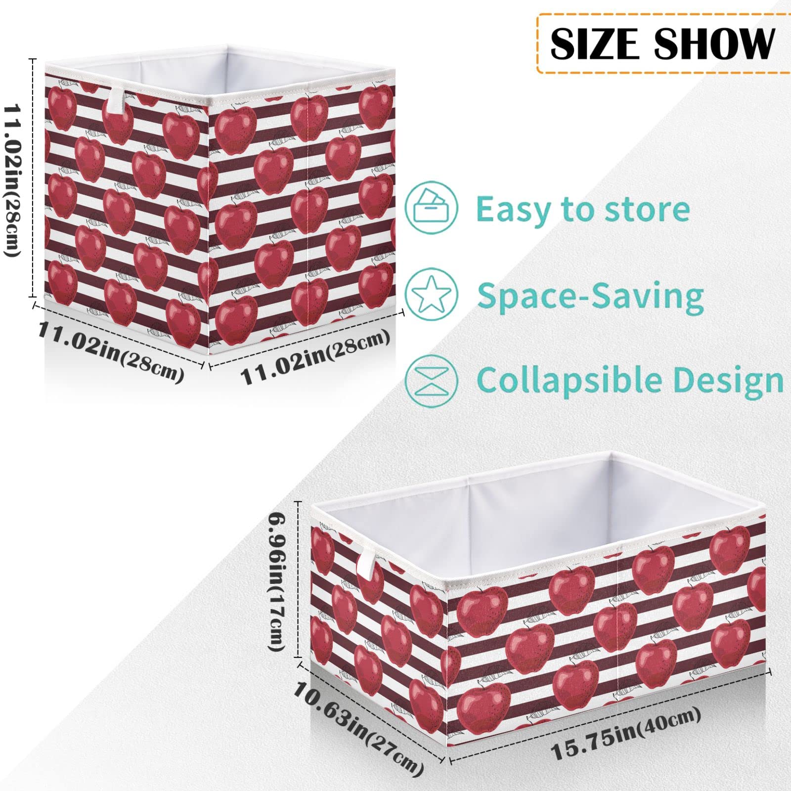 visesunny Closet Baskets Red Apple Stripe Storage Bins Fabric Baskets for Organizing Shelves Foldable Storage Cube Bins for Clothes, Toys, Baby Toiletry, Office Supply