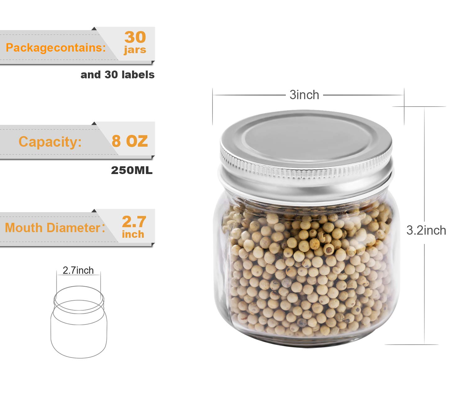 Rainforce Small Glass Mason Jars 8 oz 30 Pack With Silver Lids -1/4 Quart Canning/ Storage Pickling Jars For Jelly, Jam, Honey, Pickles and Spice With Free 30 Chalkboard Labels