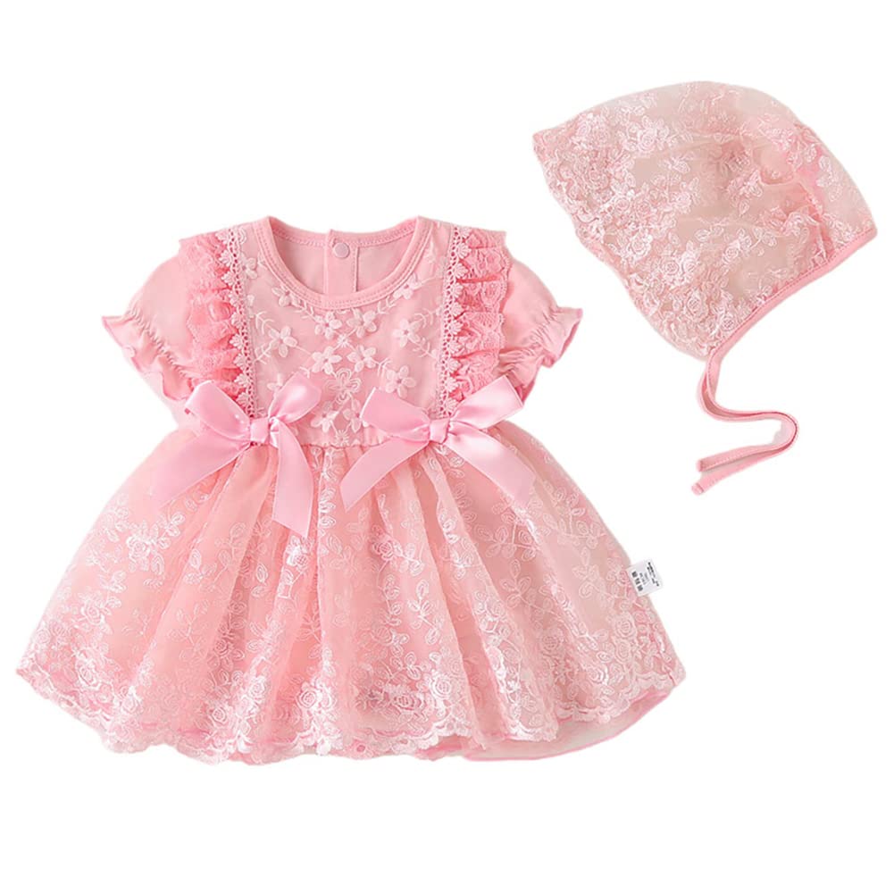 Toddler Baby Flower Girls Lace Dress First Birthday Wedding Baptism Christening Dresses Infant Princess Pageant Communion Gown with Hat Long Sleeve Fall Dress Outfits Pink Lace 0-3 Months