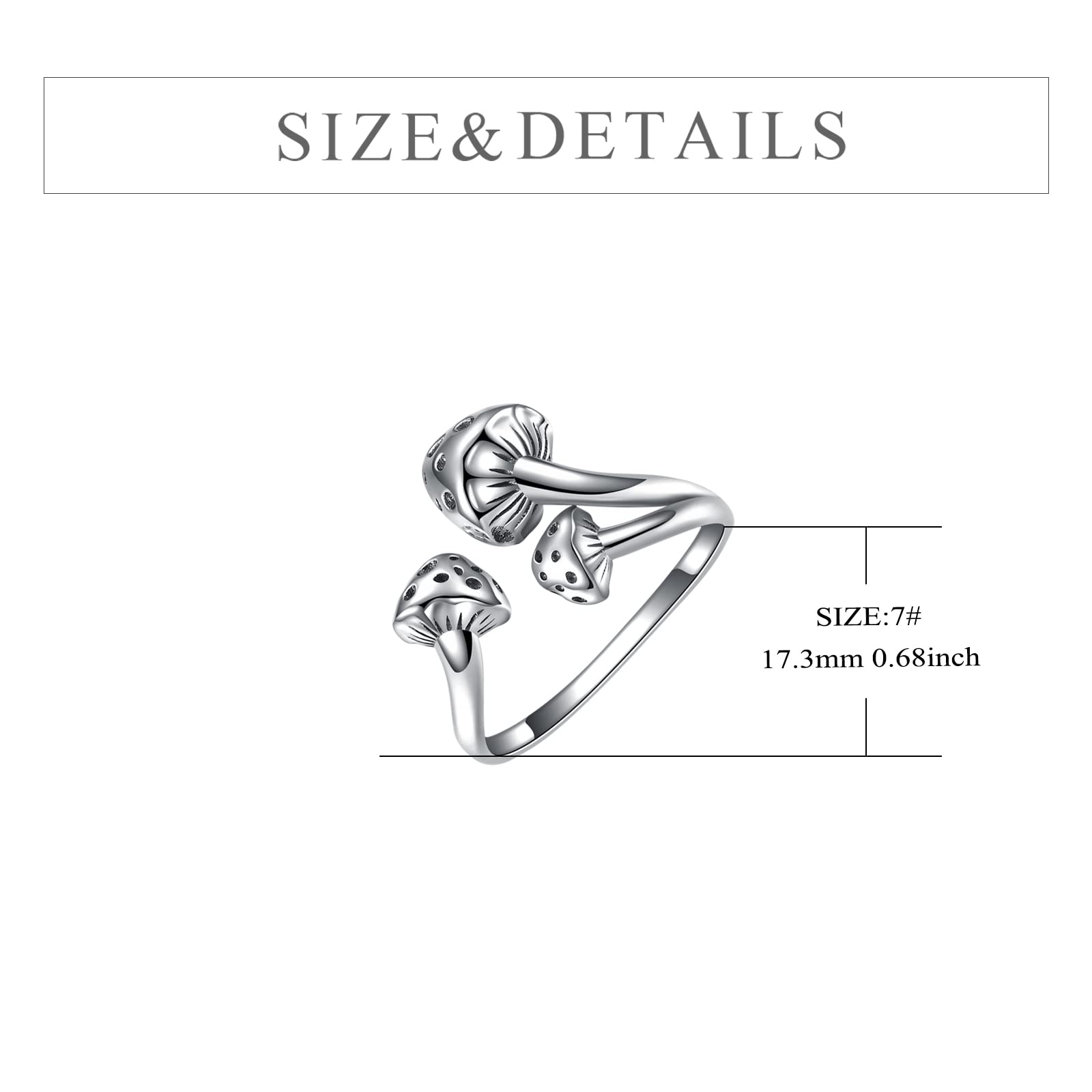 POPLYKE Mushroom Rings For Women Sterling Silver Adjustable Open Ring Jewelry Vintage Cute Cool Nature Ring