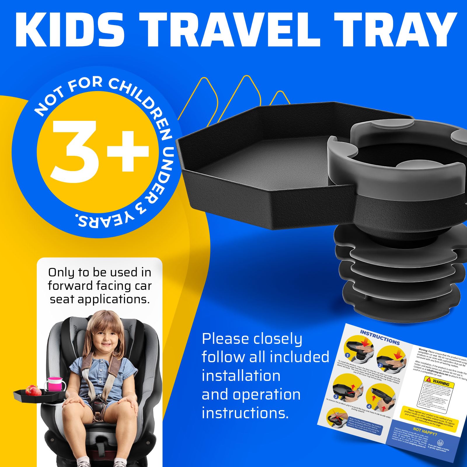 Kids Travel Tray β Large Base - Car Seat and Car Cup Holder Tray - Tray for Snacks, Entertainment, Toys β Includes Cup Holder β Fits Most Car Seats
