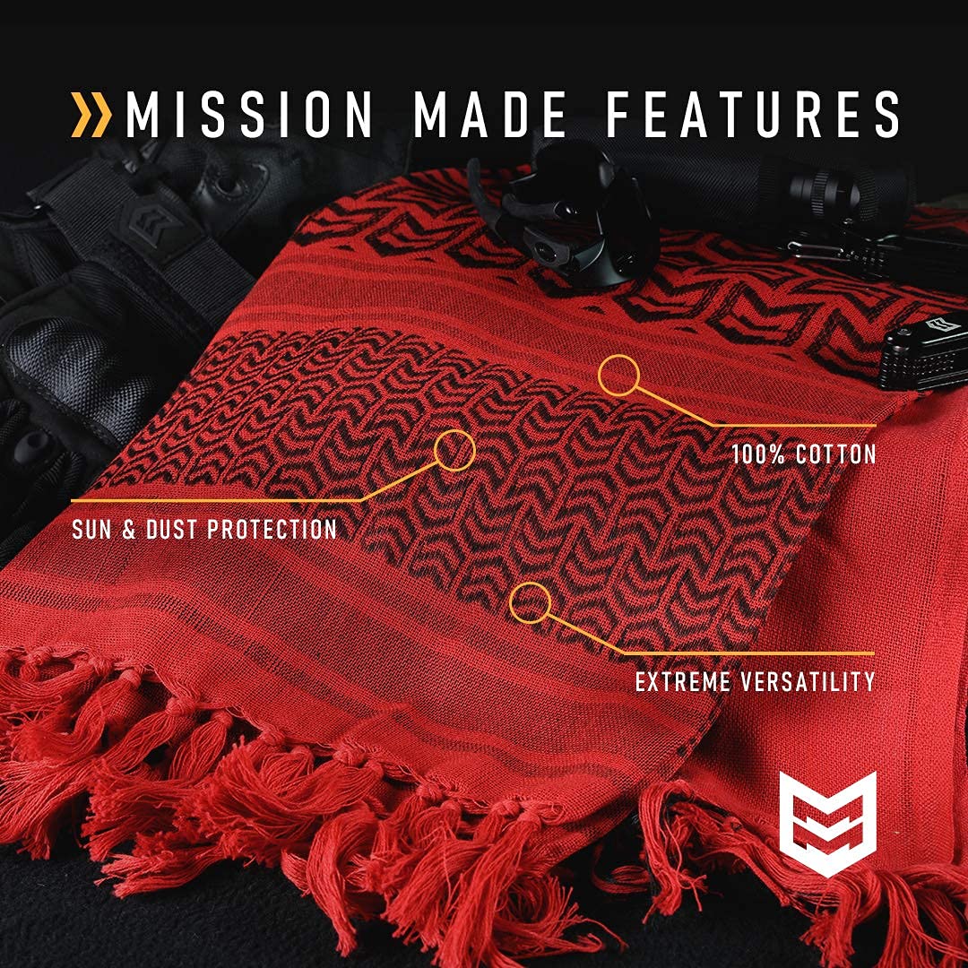 MISSION MADE Shemagh Tactical Military Keffiyeh Scarf Shawl Neck Head Wrap 100% Cotton (Red/Black)