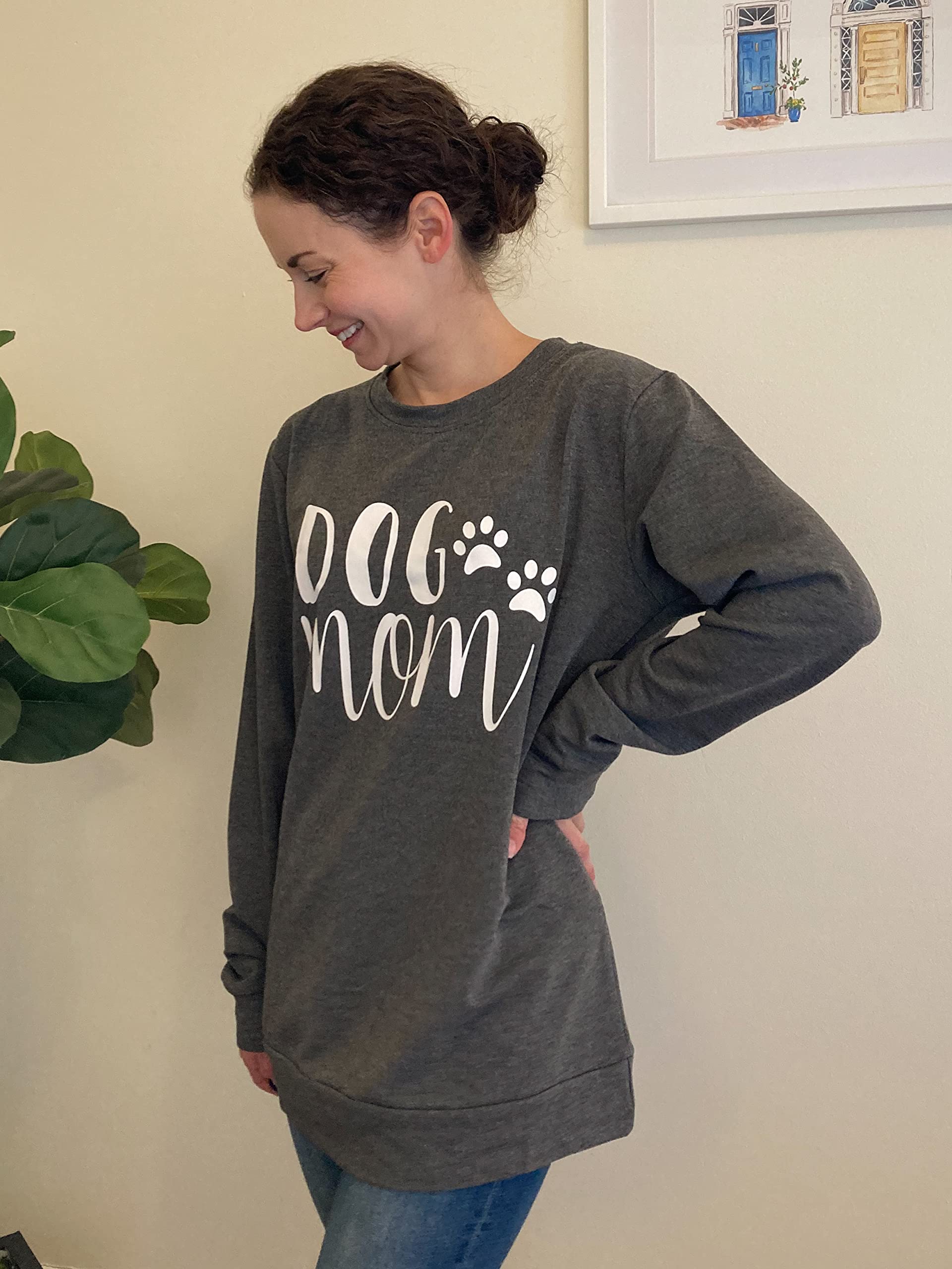 MOUSYA Women Dog Mom Sweatshirt Dog Mama Pullover Cute Dog Paw Graphic Tee Funny Letter Print Long Sleeve Shirt (Small, C_dark Grey)
