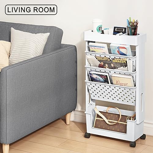 yeavs 5-Tier Mobile Bookshelf, Rolling Bookcase Book Storage Rack, Movable File Folder Organizer Cart with Wheels for Home Study Office Living Room Classroom, White