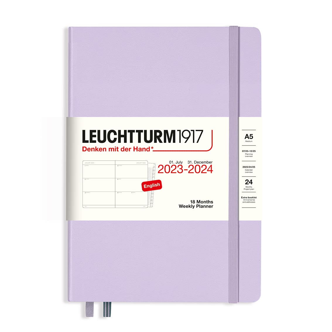LEUCHTTURM1917 - Weekly Planner 18-month Hardcover Medium A5, Jul. 2023 - Dec. 2024, English, Hardcover, Lilac