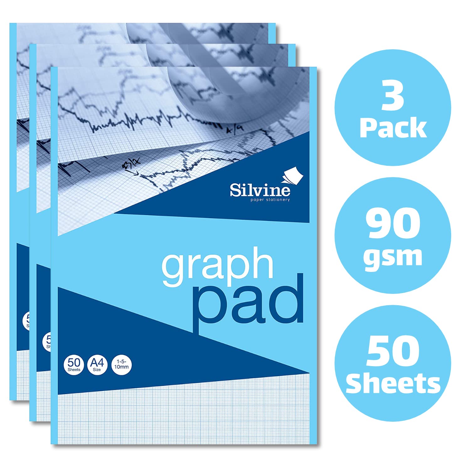 Pack of 3 Silvine A4 Metric Graph Pad with 1-5-10mm Printed Grid 50 Sheets of 90gsm Paper - 210 x 297mm