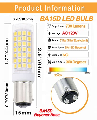 Lamsky Ba15d led Light Bulb 7.5W,B15 Double Contact Bayonet Base,120V Daylight White 6000K,75W 80W JD Type T3/T4 Halogen Bulb Replacement Bulb,Not Dimmable(2-Pack)
