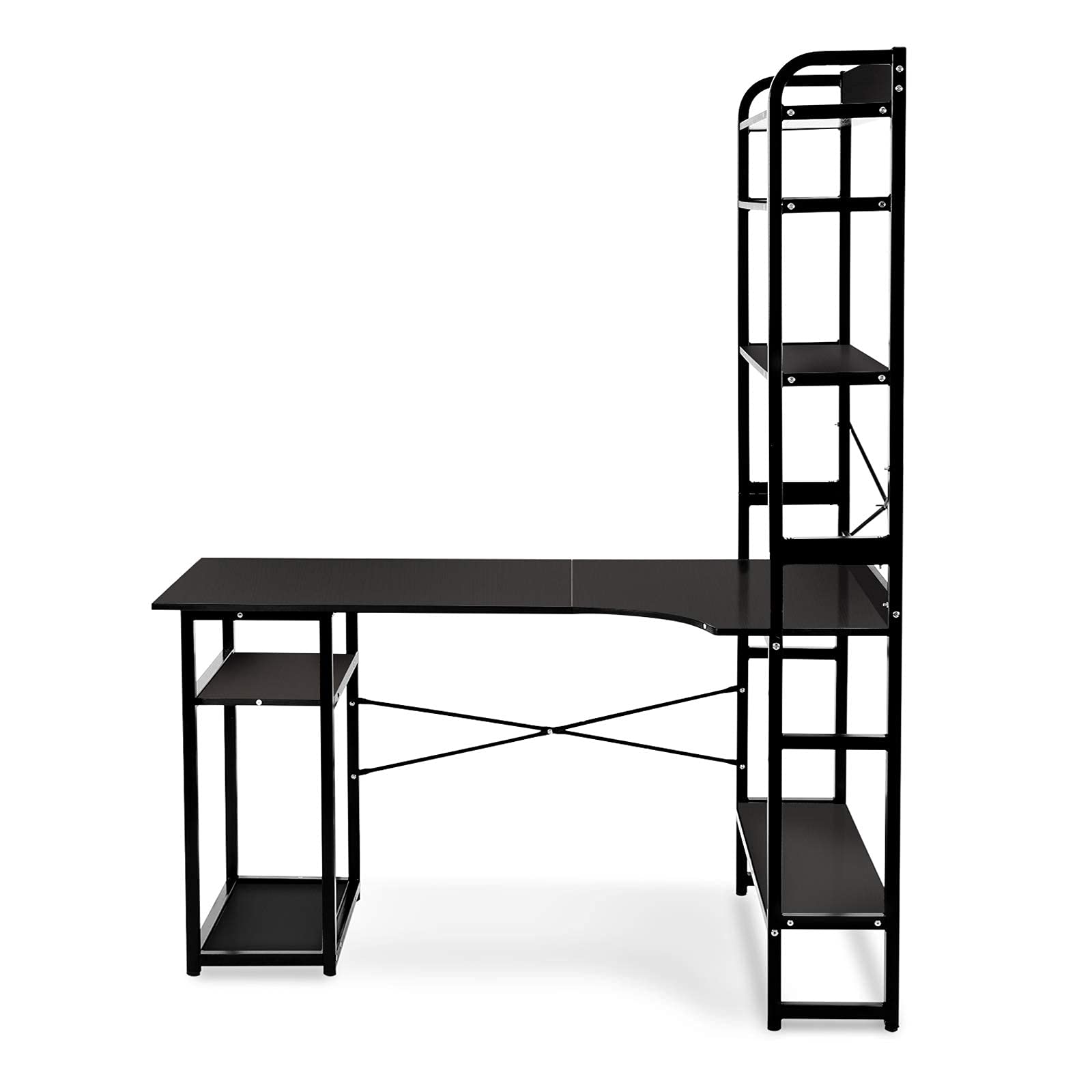 NA Computer Desk - 55" Large Home Office Desk for Workstation, Study Writing Gaming Table with 5 Tier Book Shelves and 2 Tier Open Storage Hutch, Black