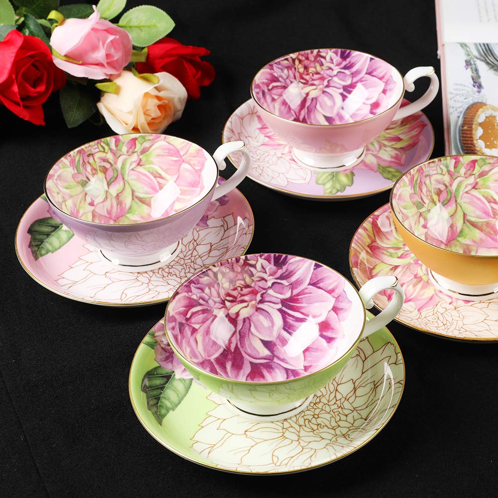 PULCHRITUDIE Fine Bone China Teacup and Saucer Set, English Teasets, Floral Design with Golden Rim, 8oz Cup, Set of Four