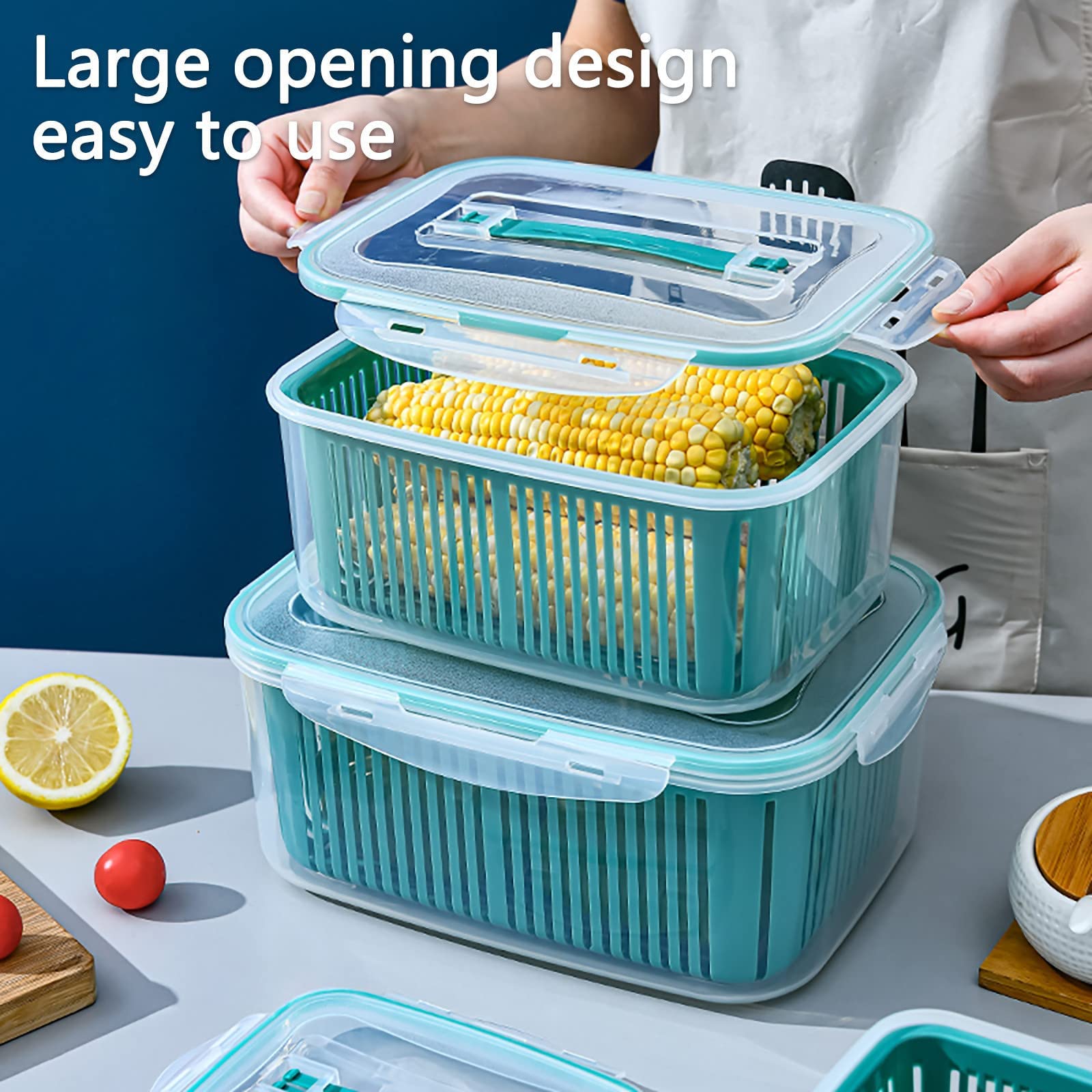 QBOMB Vegetable and Fruit Storage Container, Containers with Lid and and Removable Drain Basket,Containers for Fridge Berries Vegetable Wash, 5 Sizes, Food Grade Safe,2300ml