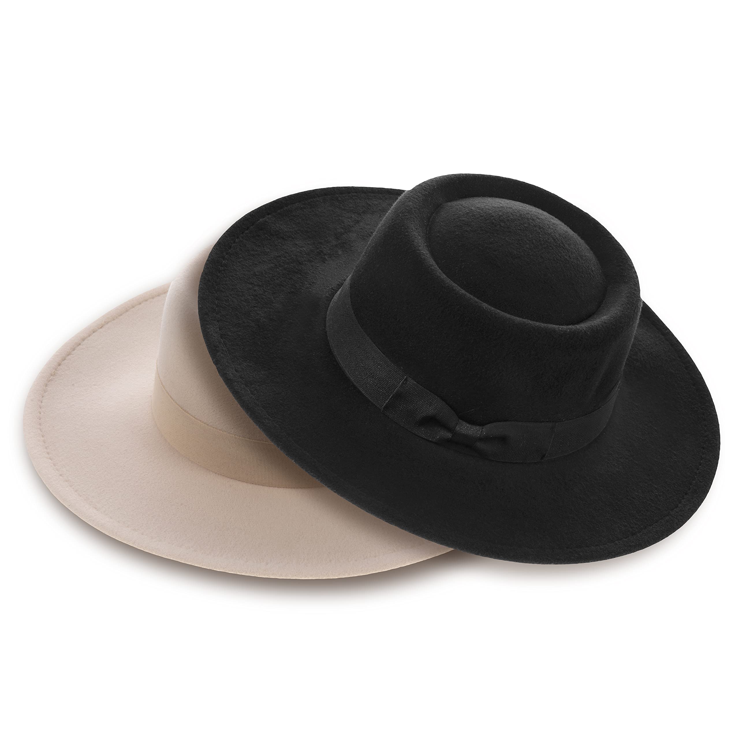 PORSYOND Wide Brim Felt Fedora Hat Men Women Panama Jazz Hat Trilby Hat with Bowknot Band (Black)