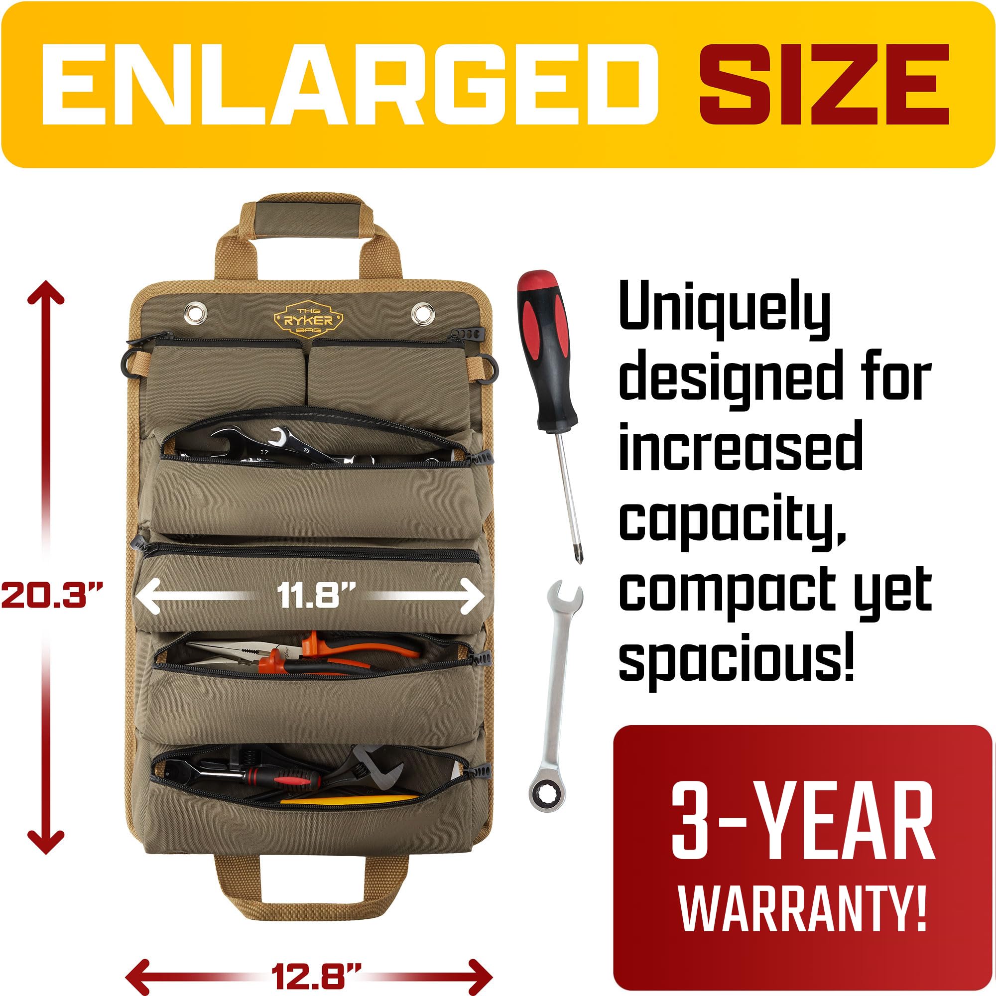 The Ryker Bag Tool Organizers - Small Tool Bag W/Detachable Pouches, Heavy Duty Roll Up Tool Bag Organizer : 6 Tool Pouches - Gifts for Dad Tool Roll Organizer For Mechanic, Electrician & Hobbyist