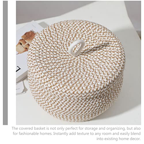 Woven Baskets Woven Wastebasket Cotton Rope Trash Can Tabletop Garbage Cans Wicker Waste Basket with Lid Decorative Countertop Container for Laundry Utility Home Office Decor