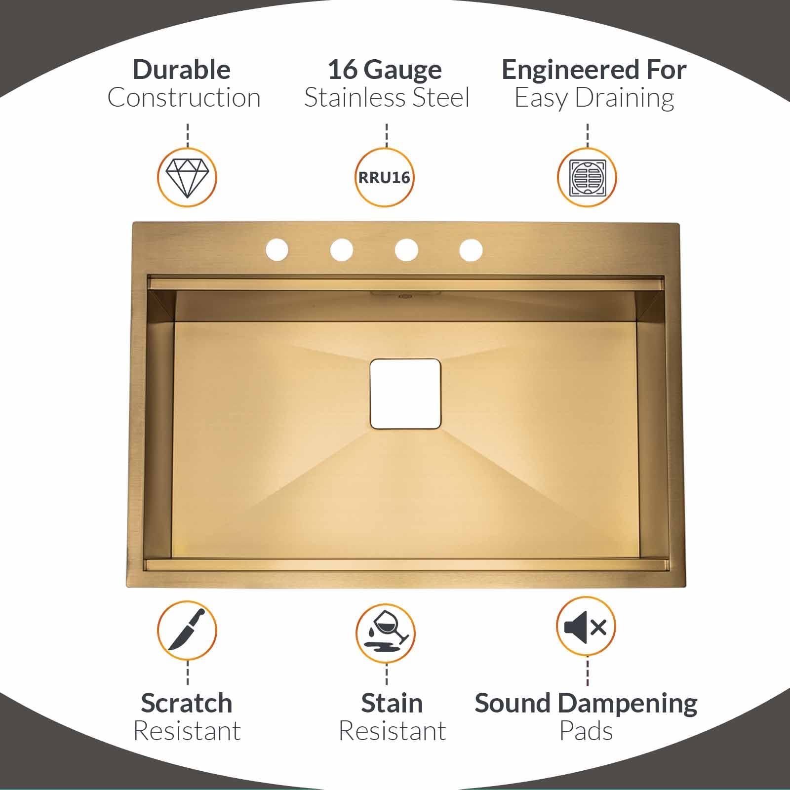 Strictly Sinks 33β Topmount Kitchen Workstation Sink Gold Single Bowl 16 Gauge Stainless Steel Drop In Sink With Scratch, Stain Resistant Colander, Cutting Board, Bottom Grid & Square Disposal Adapter