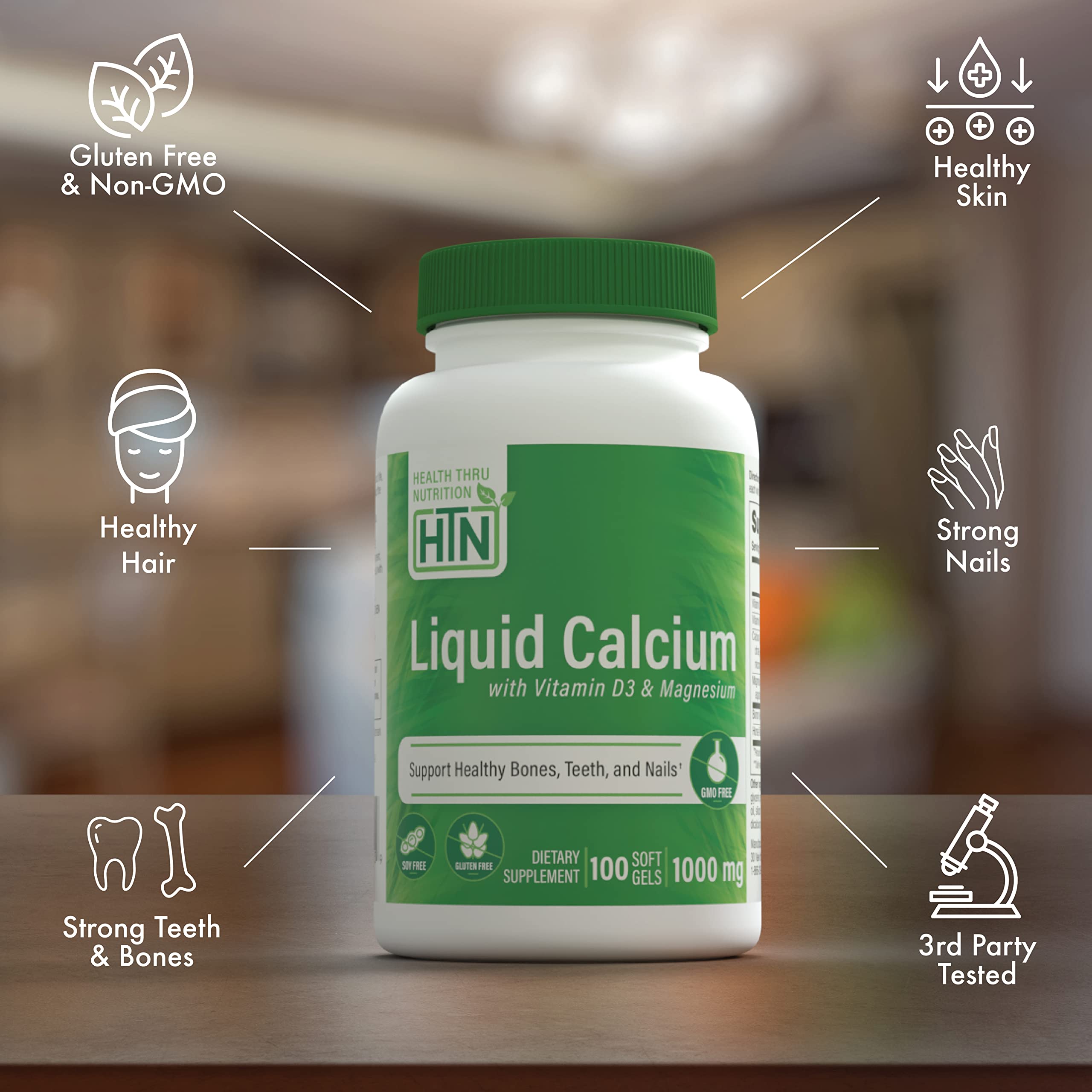 Liquid Calcium 1000mg, Magnesium 400mg, Vitamin D3 1,000iu and Boron | Bone Restore & Strength with 6 Calcium Complex | 3rd Party Tested | Non-GMO Gluten Free | by Health Thru Nutrition (Pack of 100)